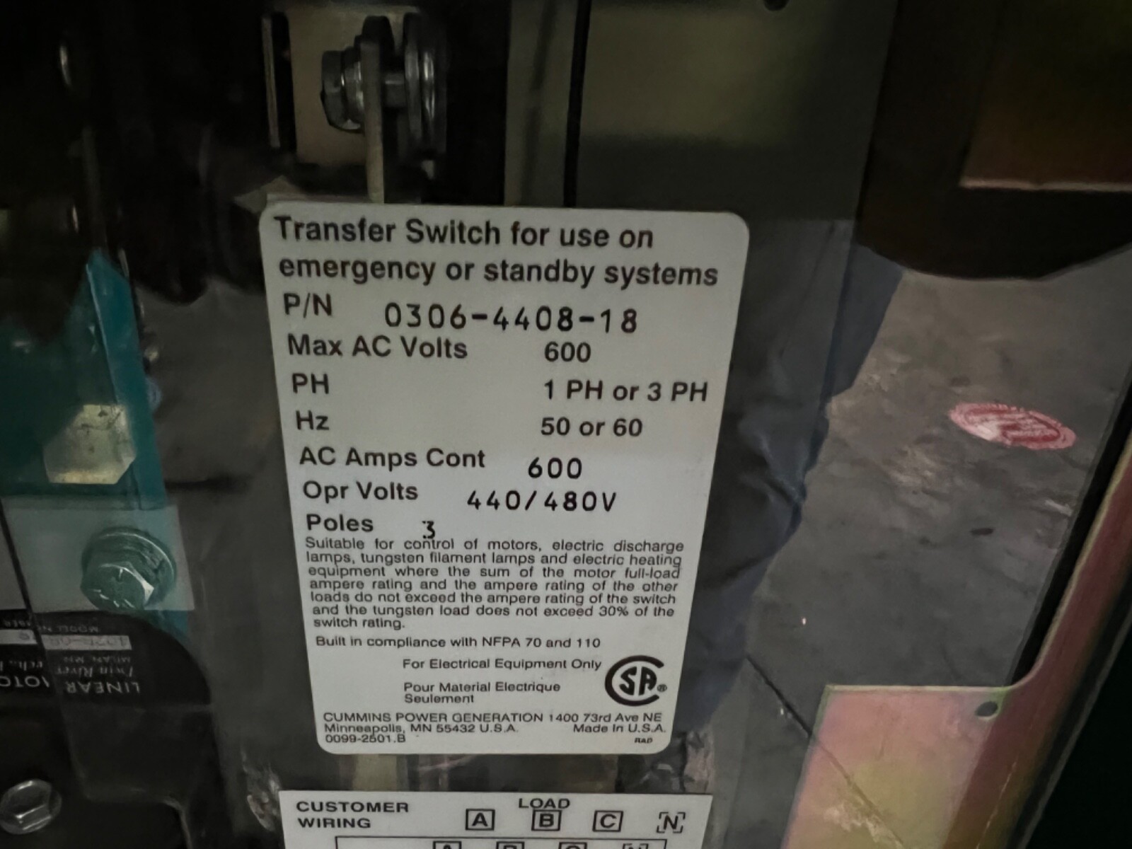 600 Amp Cummins Onan PowerCommand AutomaticTransfer Switch ATS 0TPCC ...