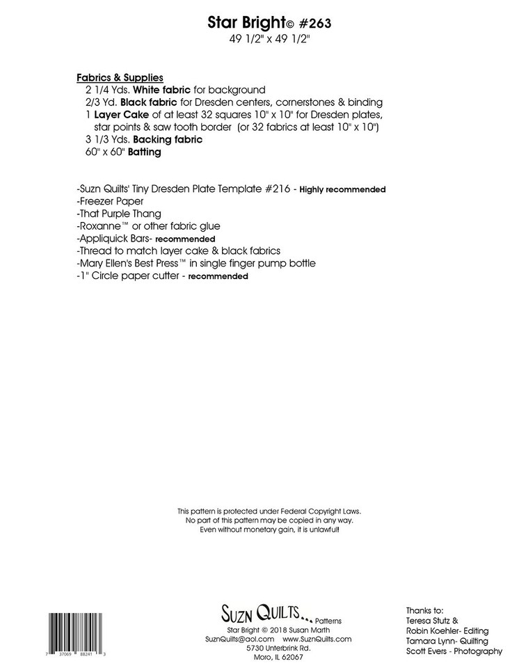 Star Bright Quilt Pattern by Susan Marth for Suzn Quilts 49.5" X 49.5 ...