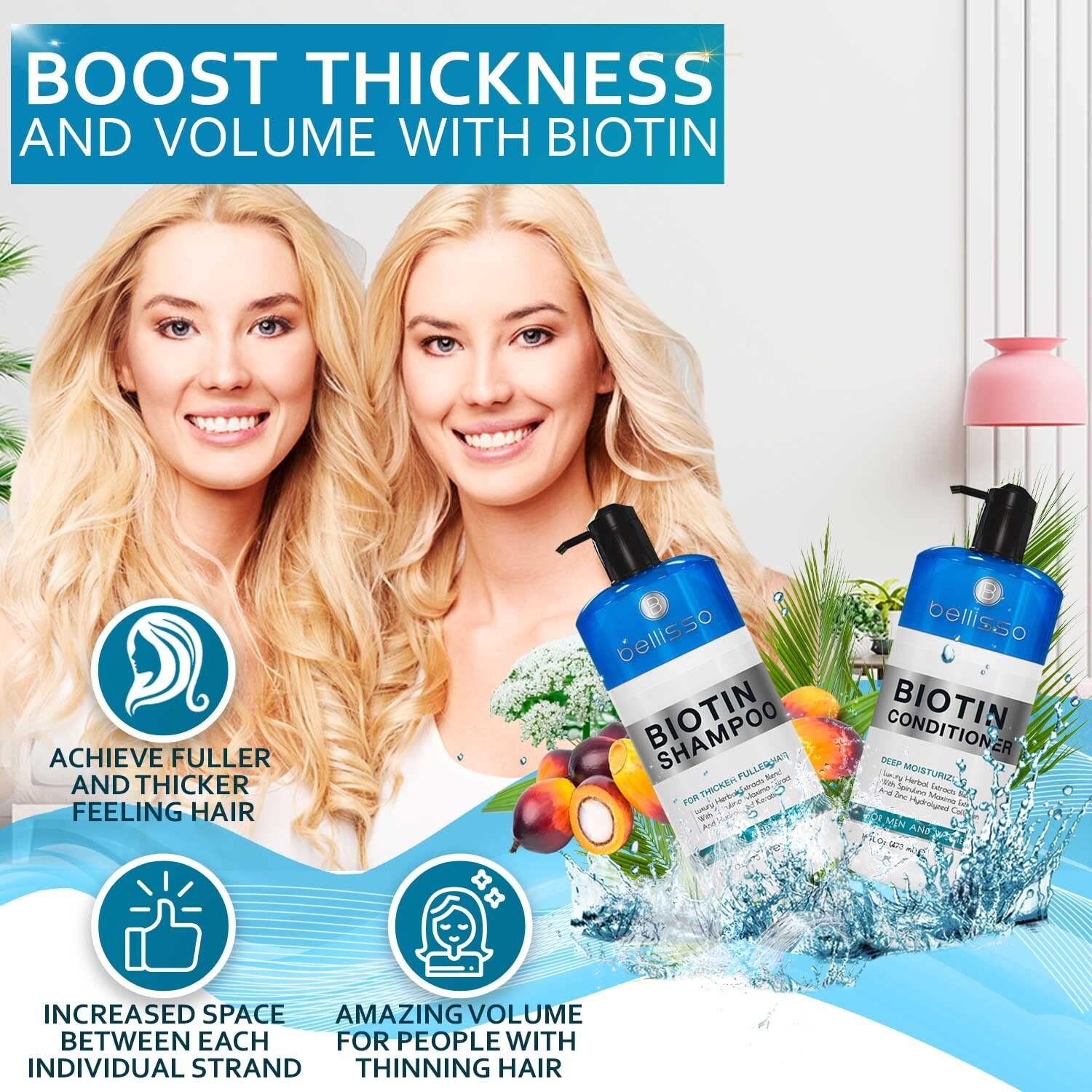 2 Pk Volumizing Biotin Shampoo & Conditioner Set Keratin, Thickening ...