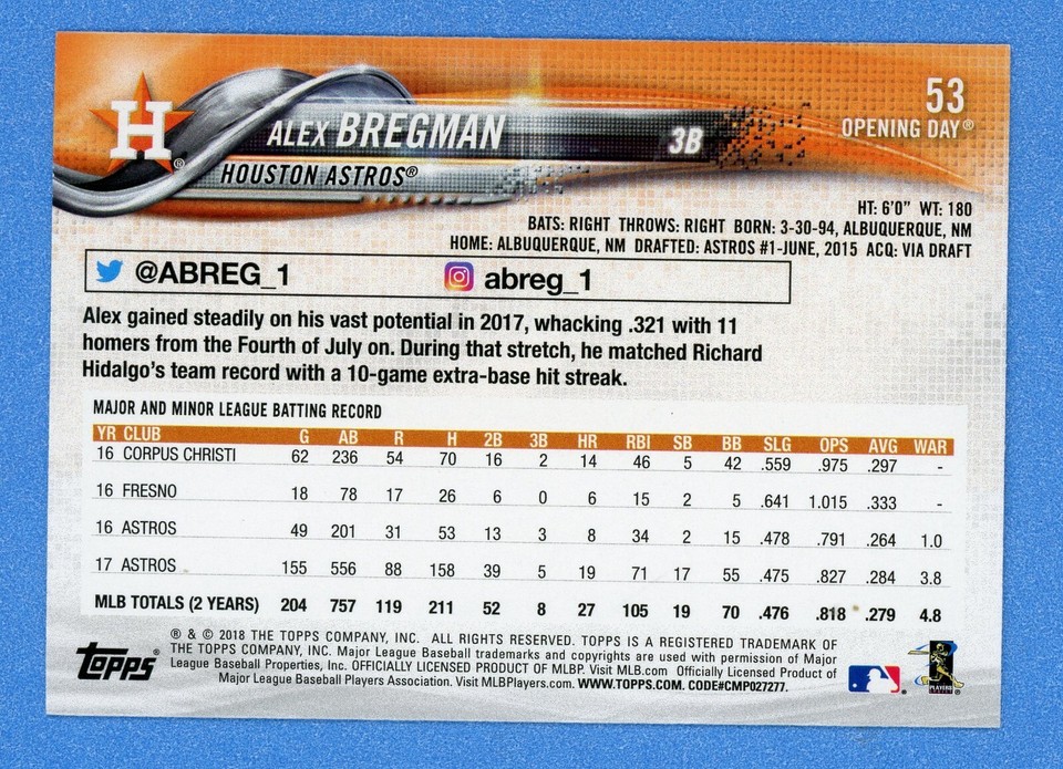 2018 Topps Opening Day Edition Blue Foil Alex Bregman Houston Astros ...
