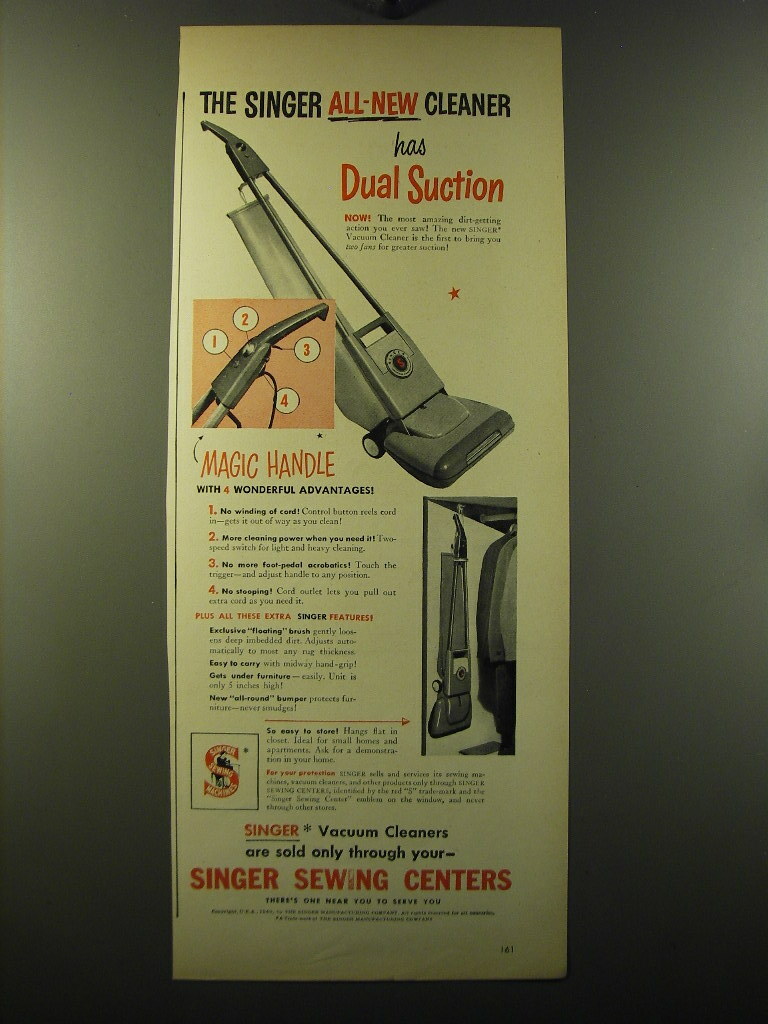 1949 Singer Vacuum Cleaner Ad - The Singer all-new cleaner has dual ...