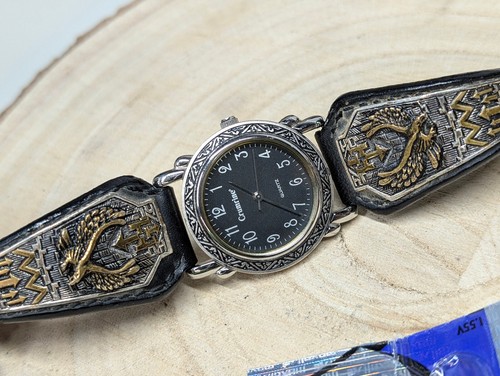 Mens Crumrine cuff watch gold eagle leather black dial | eBay