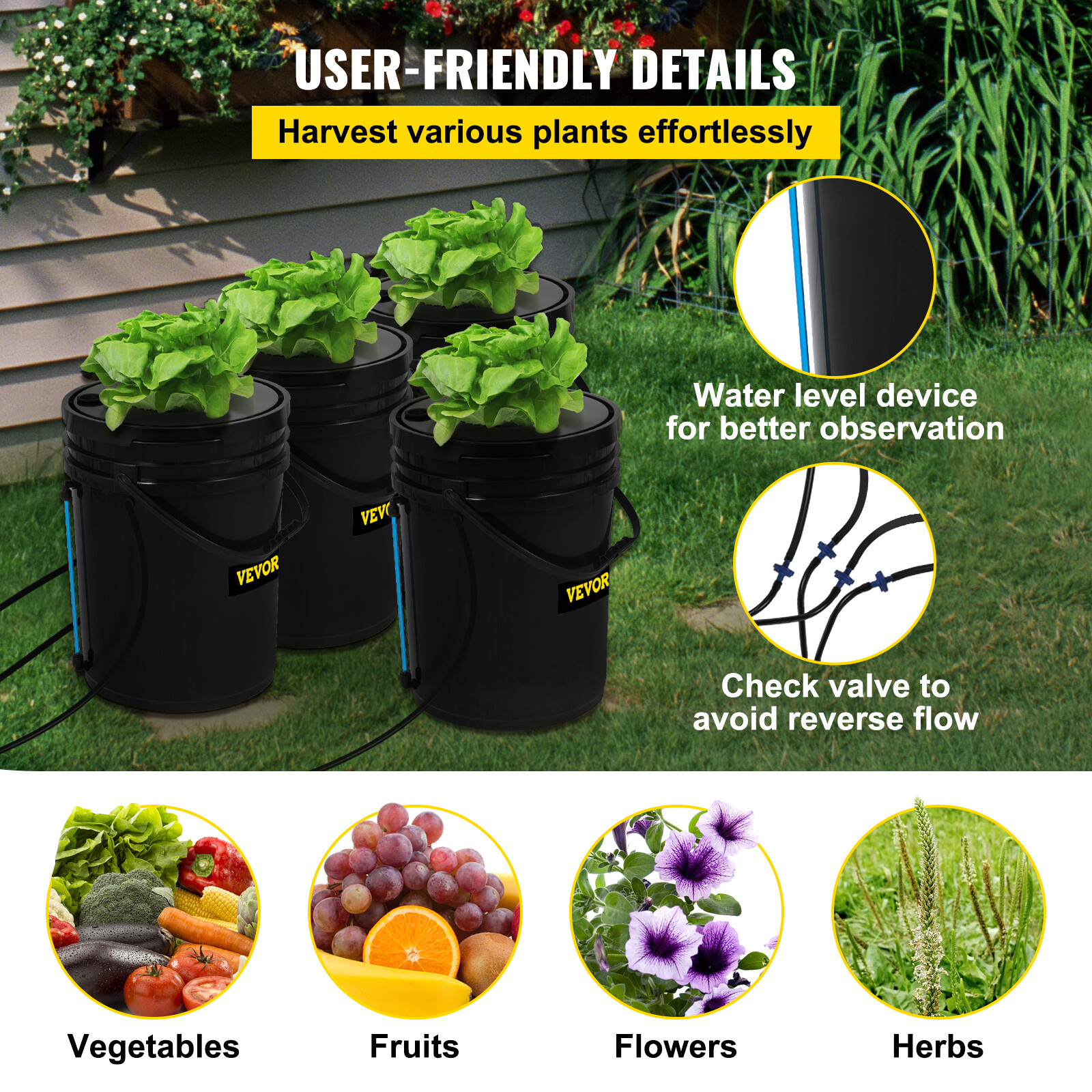 VEVOR Hydroponics Deep Water Culture DWC Hydroponic System 5 Gallon 4 ...