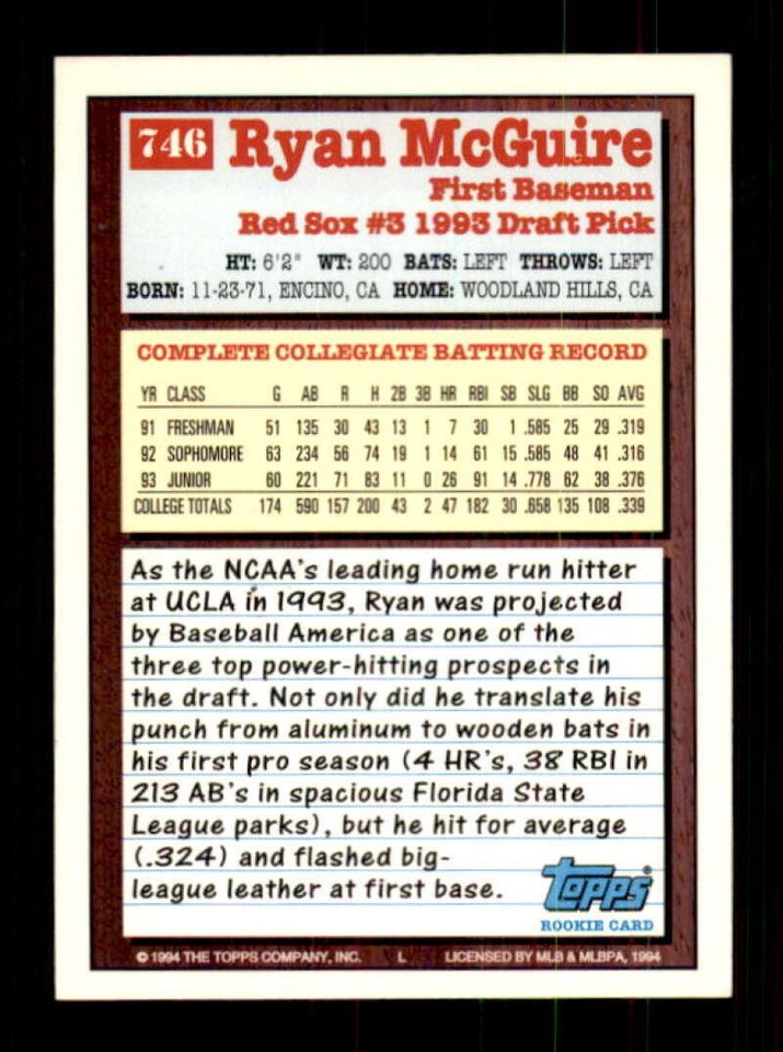 1994 Topps #746 Ryan McGuire AUTOGRAPHED!! RC Rookie Red Sox 240058 | eBay