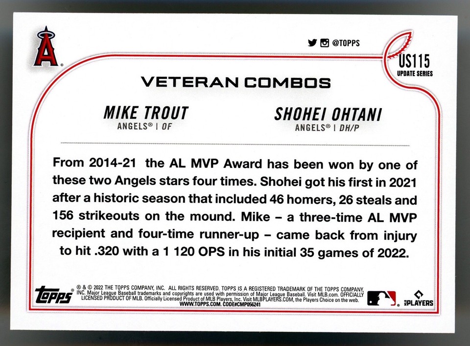 2022 Topps Update Series Mike Trout Shohei Ohtani #Us115 Mvp Caliber | eBay