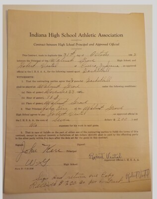 1932 WALNUT GROVE INDIANA HIGH SCHOOL BASKETBALL GAME CONTRACT WITH ...