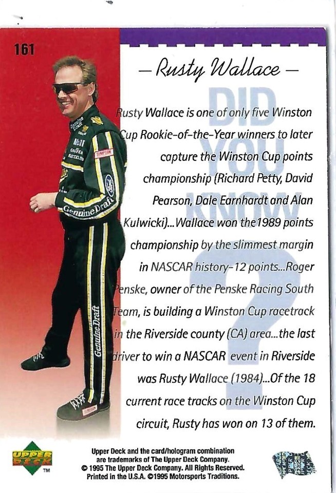 1995 Upper Deck Racing Did You Know Rusty Wallace | eBay
