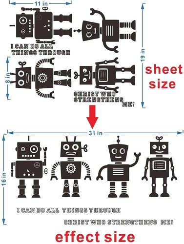 Robot Wall Sticker - Removable PVC Decal with 4 Cute Robots and Black ...