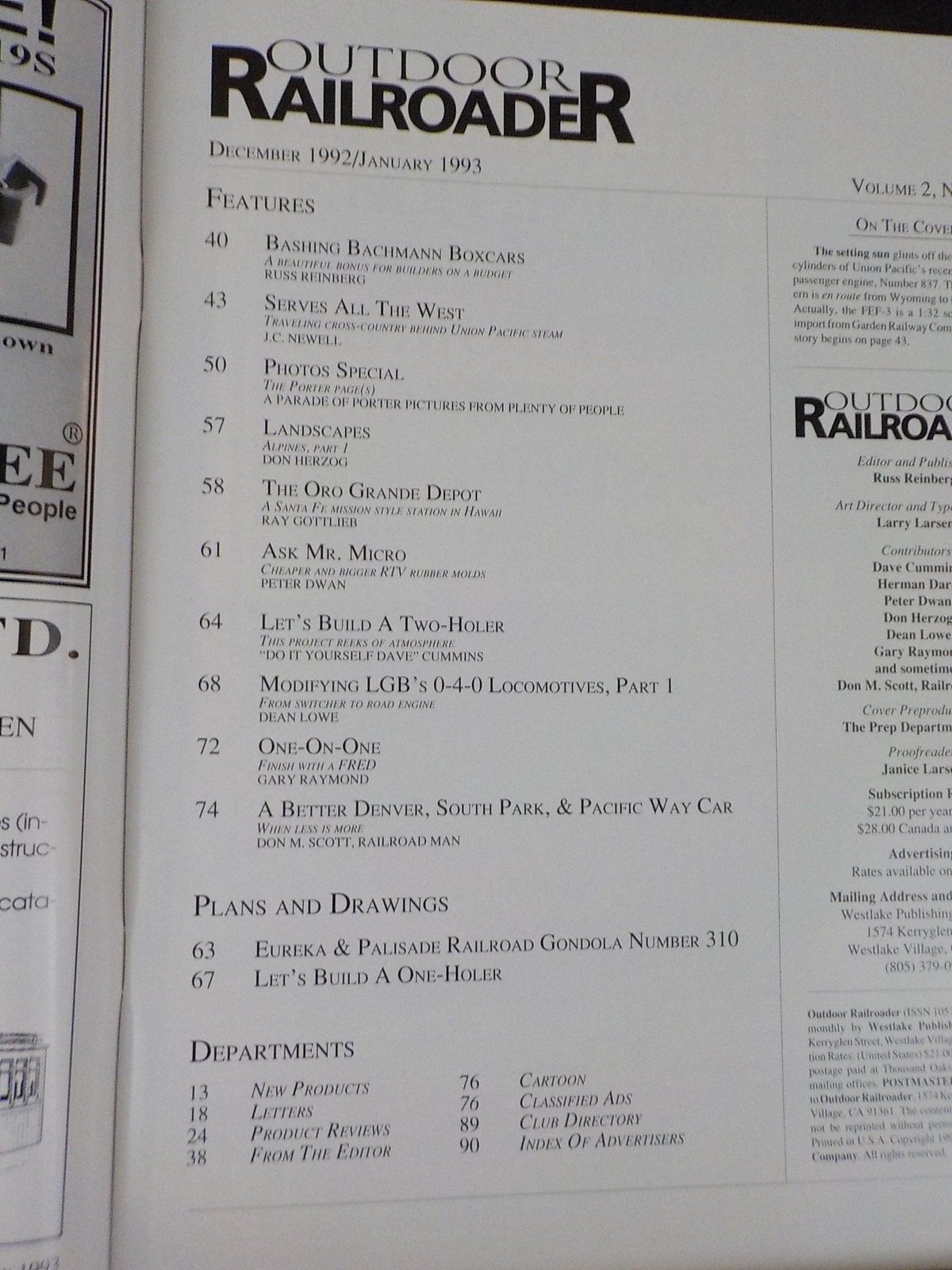 Outdoor Railroader Magazine 1992 December 1993 Jan Ride Cross Country w ...