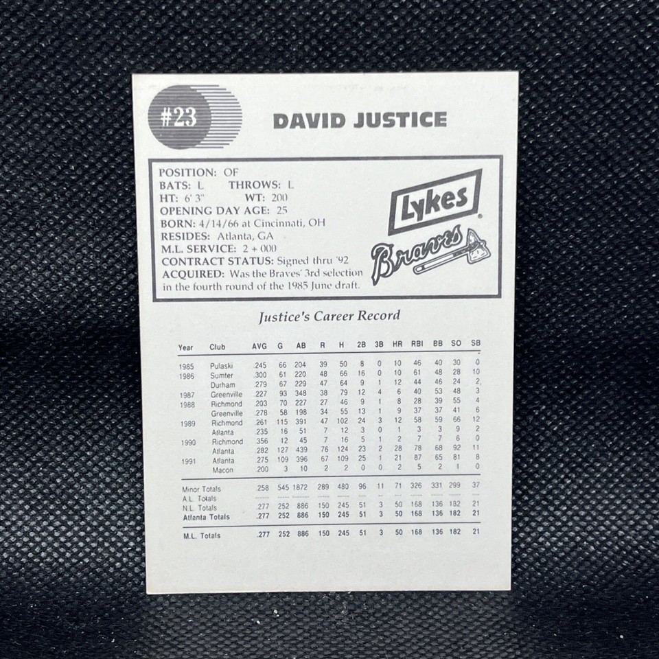 David Justice 1992 Lykes Atlanta Braves Oddball Regional Issue Rare | eBay