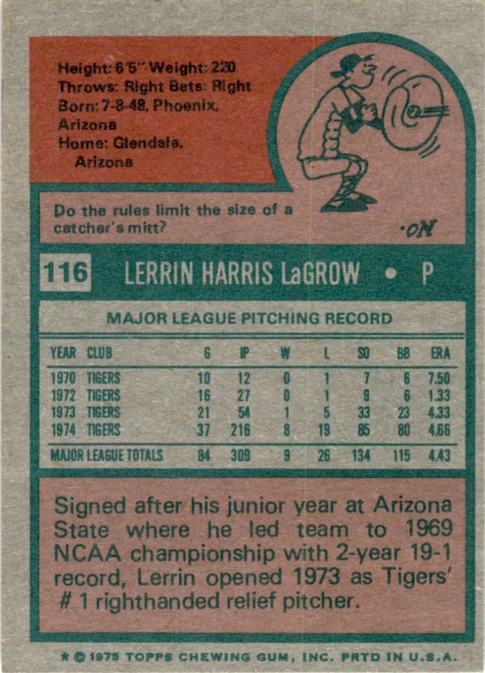 1975 Topps Baseball Lerrin LaGrow (A) Detroit Tigers #116 | eBay