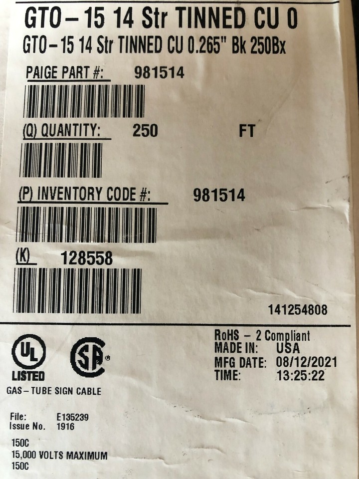 NEON, BEER, SIGN, TRANSFORMER WIRE, GTO, SILICONE, BLACK, 15000V 2-5 ...