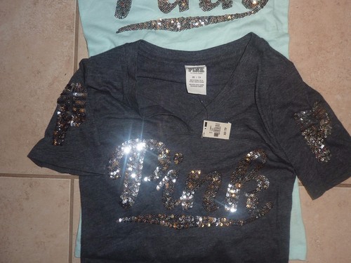 VICTORIAS SECRET PINK "PINK" "P" BLING SEQUIN CURSIVE VNECK NWT | eBay