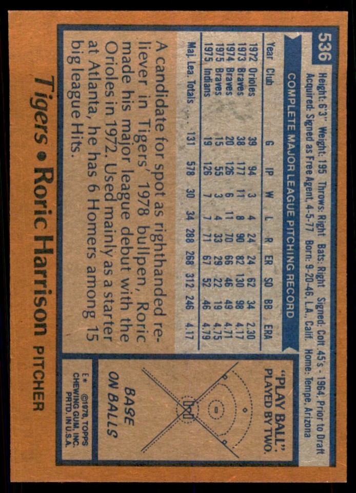 1978 TOPPS RORIC HARRISON DETROIT TIGERS #536 (102) | eBay