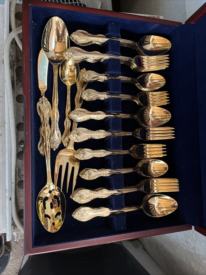 International Stainless 77 Piece Gold Tone Silverware and Serving Set ...