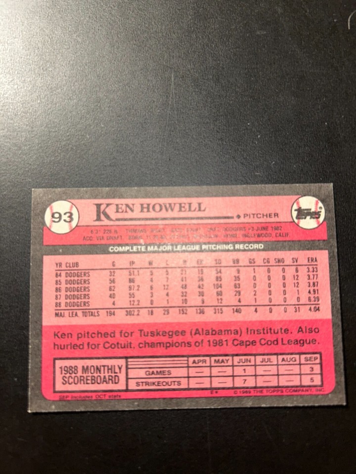1989 TOPPS BASEBALL CARD KEN HOWELL #93 LOS ANGELES DODGERS MLB FREE ...