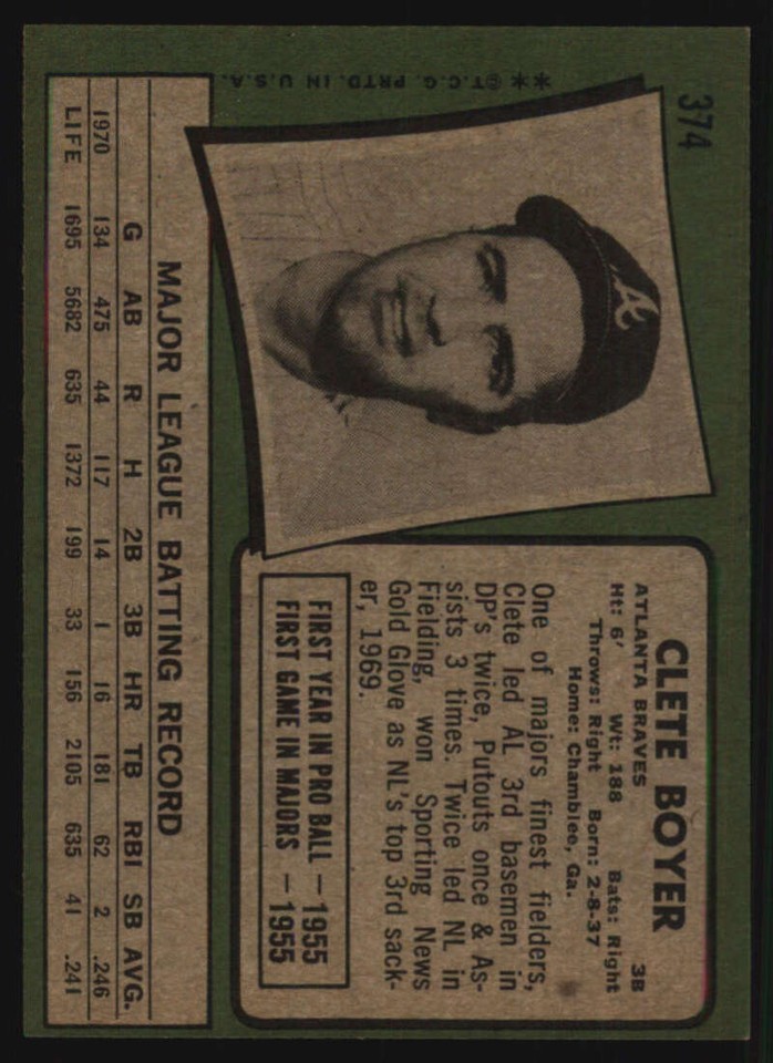1971 Topps #374 Clete Boyer EX/EX+ Braves 605986 | eBay