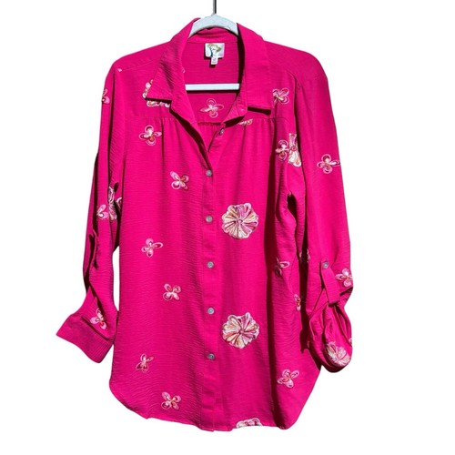 Fig and Flower Top XL Pink Floral Embroidered Button Up Roll Tab ...