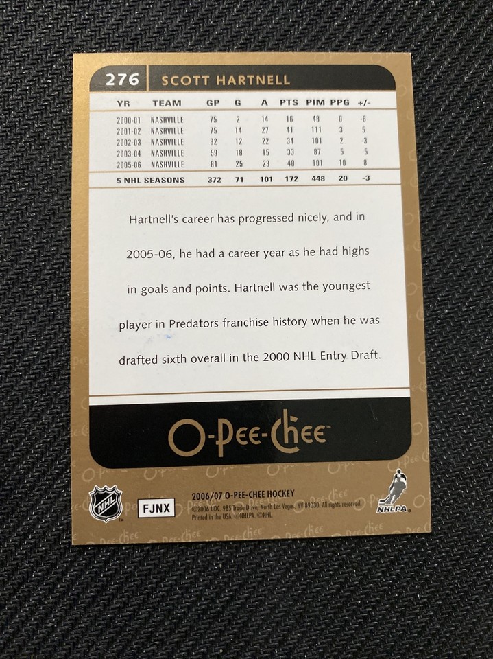 2006-07 O-Pee-Chee Hockey #276 Scott Hartnell Autograph Nashville ...
