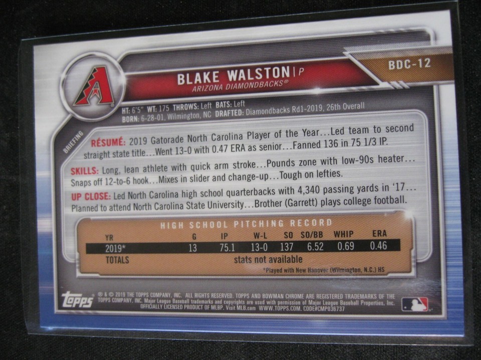 BLAKE WALSTON 2019 1st Bowman Chrome Draft #BDC-12 Arizona Diamondbacks ...