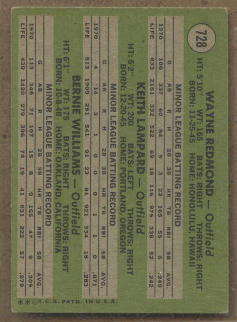 1971 Topps - High # #728 Wayne Redmond, Keith Lampard, Bernie Williams ...