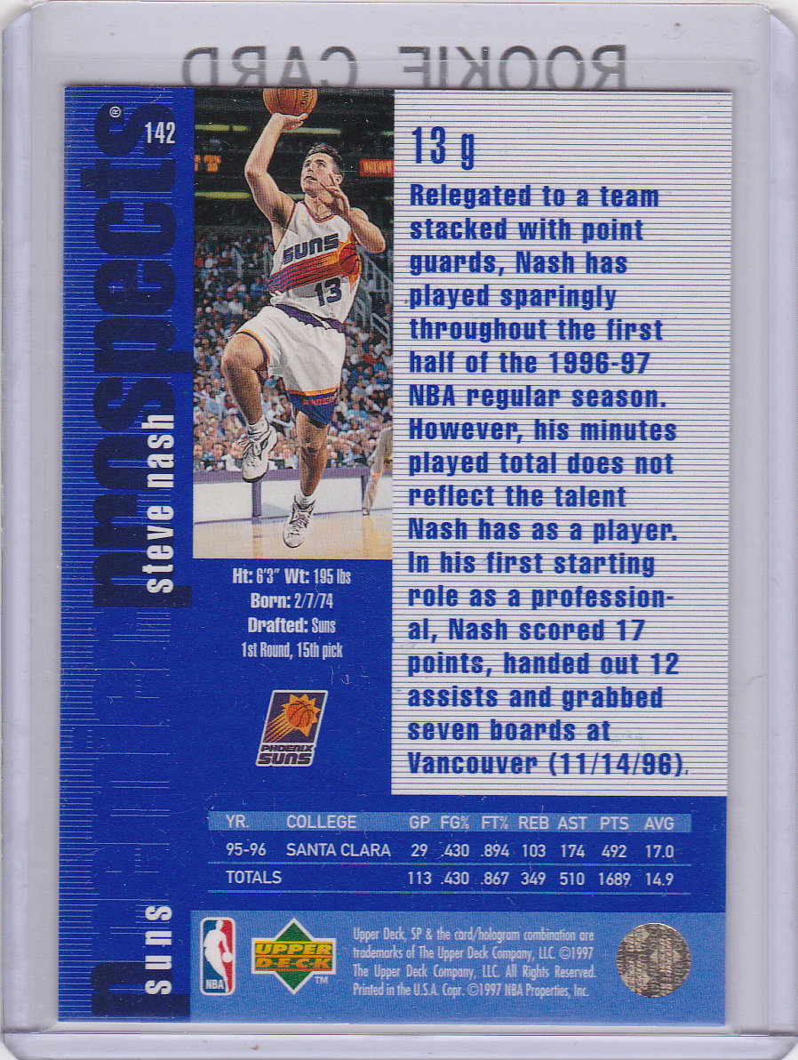 STEVE NASH ROOKIE CARD Upper Deck SP PHOENIX SUN Premier Prospects ...