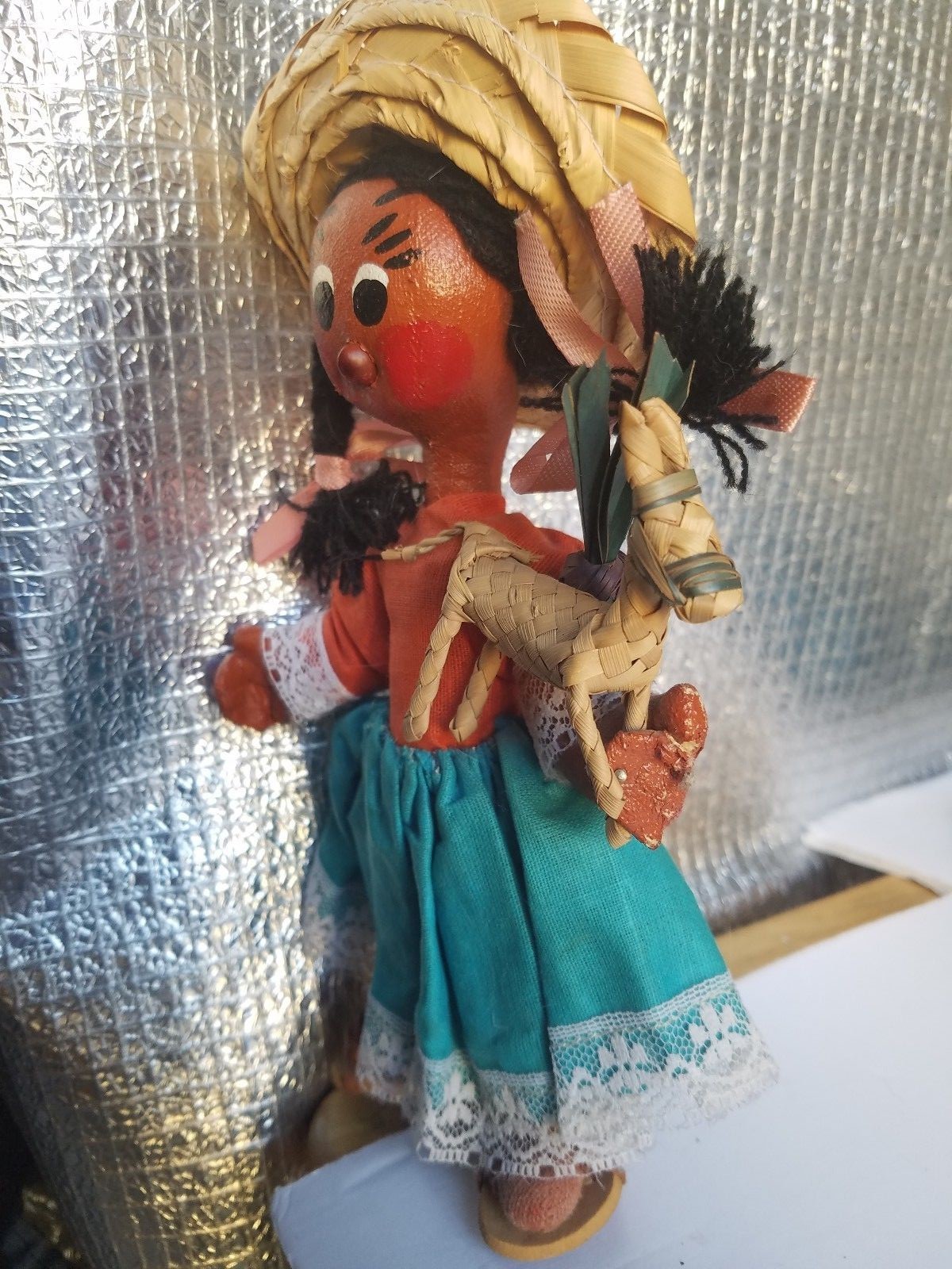 OIL CLOTH "GIRL SELLING PINATA" MEXICAN HAND MADE PAINTED FOLK ART DOLL ...