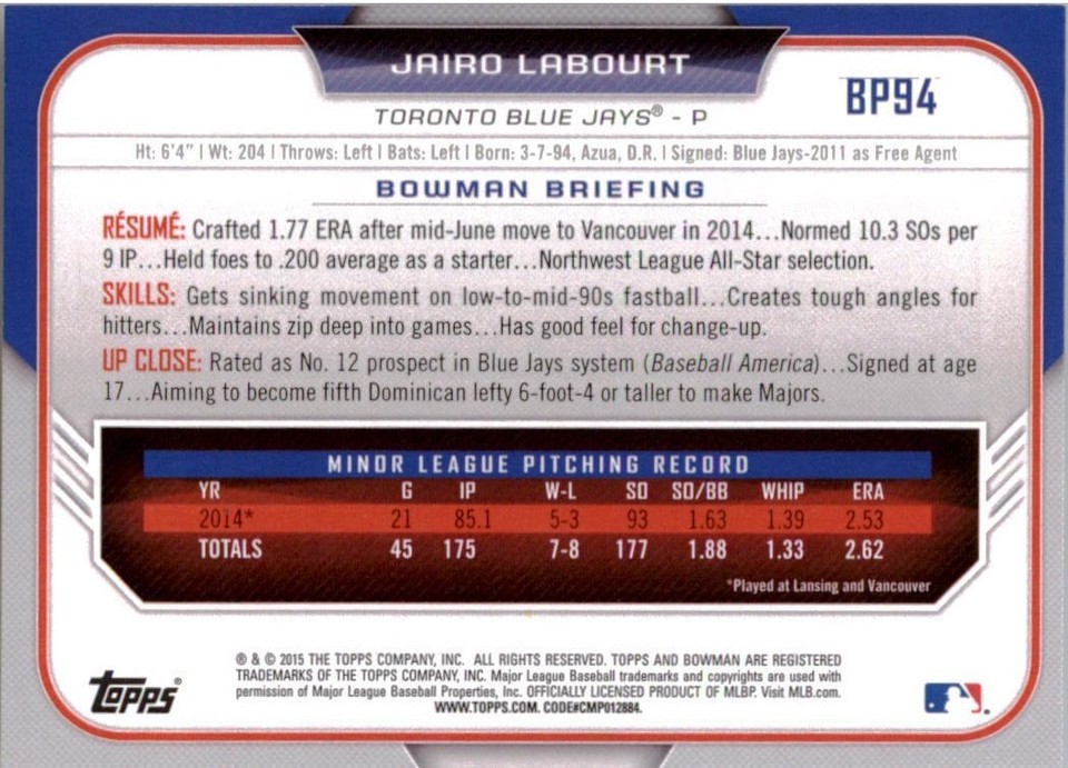 2015 Bowman Prospects #BP94 Jairo Labourt Toronto Blue Jays | eBay