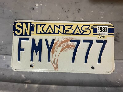 KANSAS LICENSE PLATE TRIPLE NUMBER SN Shawnee COUNTY FMY 777 APRIL 1993 ...