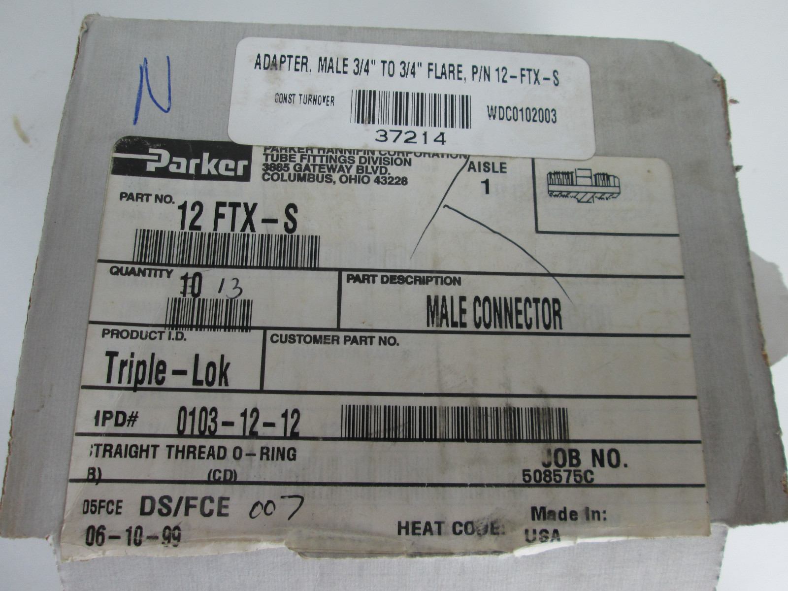 Genuine Parker Hannifin Hydraulic Fitting 12 FTX-S Male Connector 37 ...