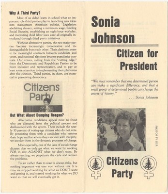 1984 Presidential Campaign Sonia Johnson for President Citizen’s Party ...