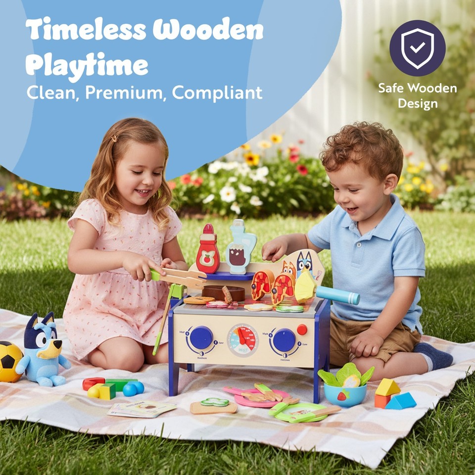 Bluey Wooden BBQ & Salad Toys Set Colourful Role-Play Grill Playset 33 ...