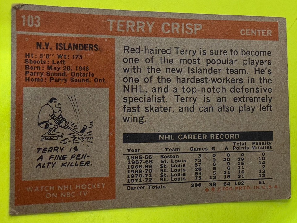RST0188 1972-73 Topps #103 Terry Crisp ISLANDERS IN PERSON SIGNED AUTO ...