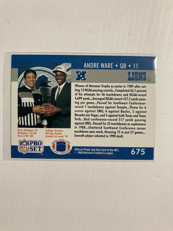 1990 ANDRE WARE Auto PRO SET NFL RC #675 DETROIT LIONS HOUSTON signed | eBay