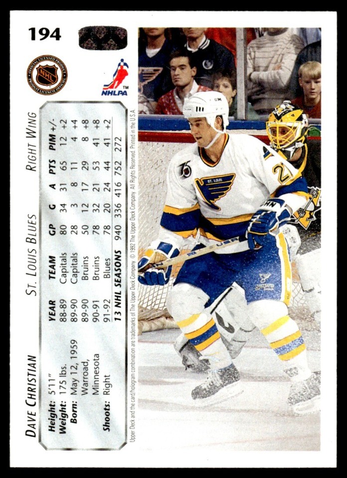 1992-93 Upper Deck #194 Dave Christian St. Louis Blues | eBay