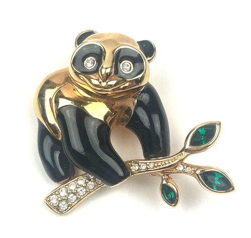 Swarovski Crystals Panda Bear Pin Brooch Bamboo Black & Gold Tone ...