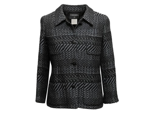 Vintage Grey & Black Chanel Fall/Winter 2000 Wool Tweed Blazer Size FR ...
