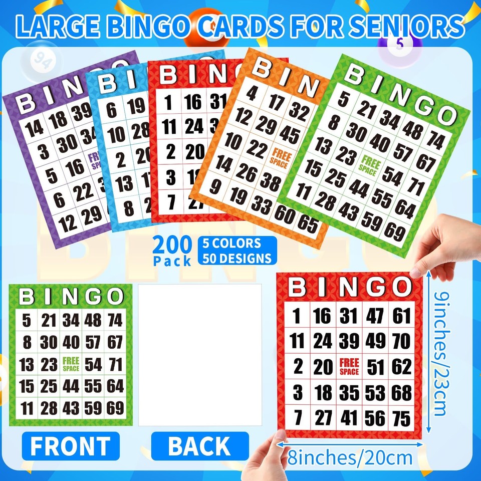 200 Pack Jumbo Bingo Cards Set 8" x 9" Reusable Easy to Read Bingo ...