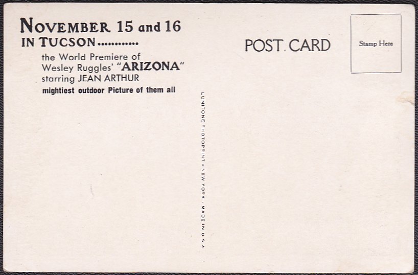 Wesley Ruggles "Arizona" 1940 World Premier Jean Arthur Movie Postcard ...
