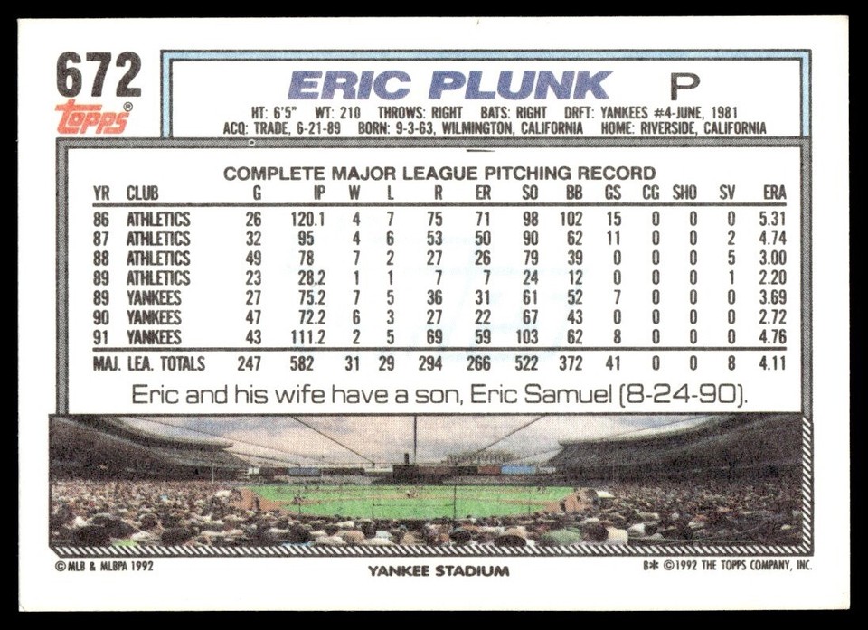 1992 Topps Eric Plunk New York Yankees #672 | eBay
