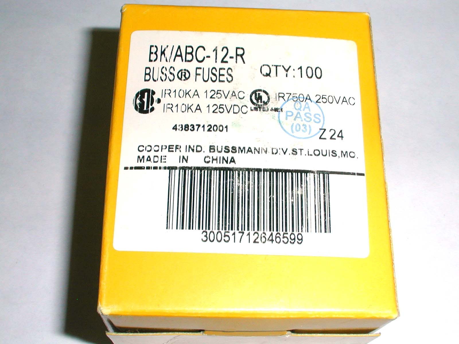ABC-12R Bussmann Fuse 12 Amp 250 Volt 3AB Fast Acting Ceramic Cartridge ...