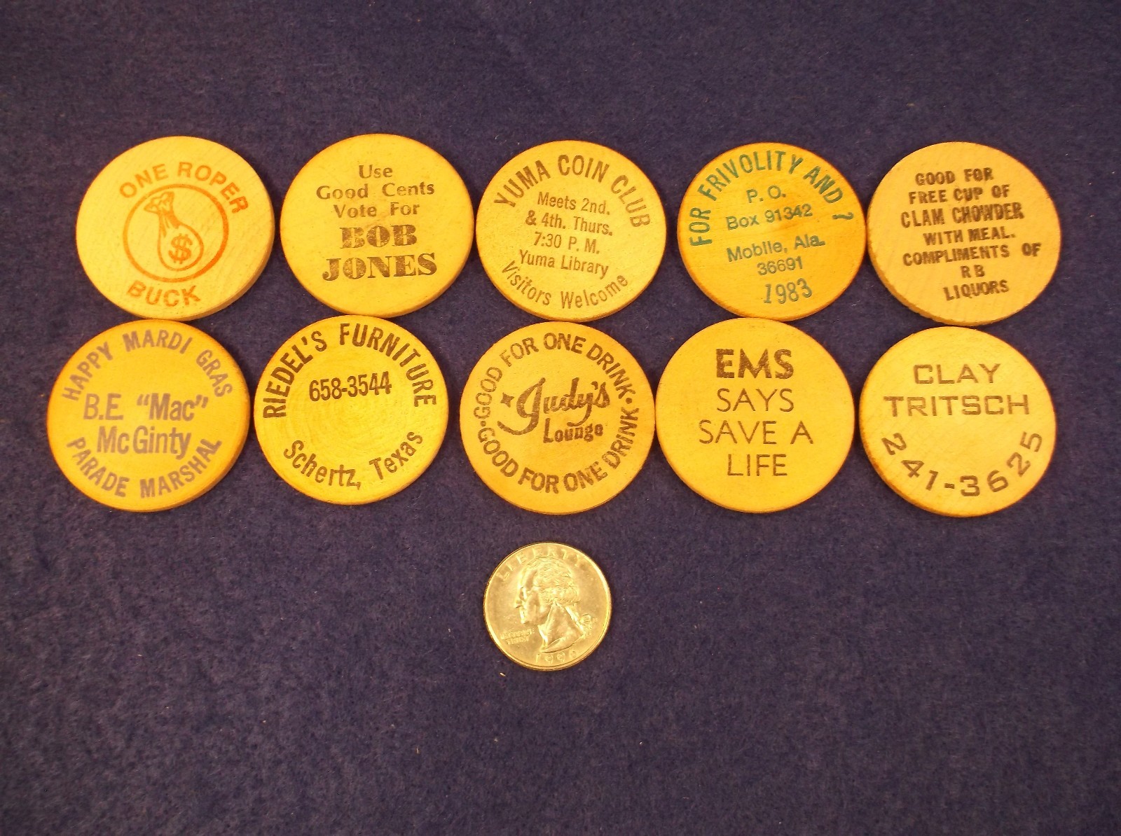 #5 of 8, LOT OF 10 VTG WOOD NICKELS - YUMA COIN CLUB, FREE CLAM CHOWDER ...