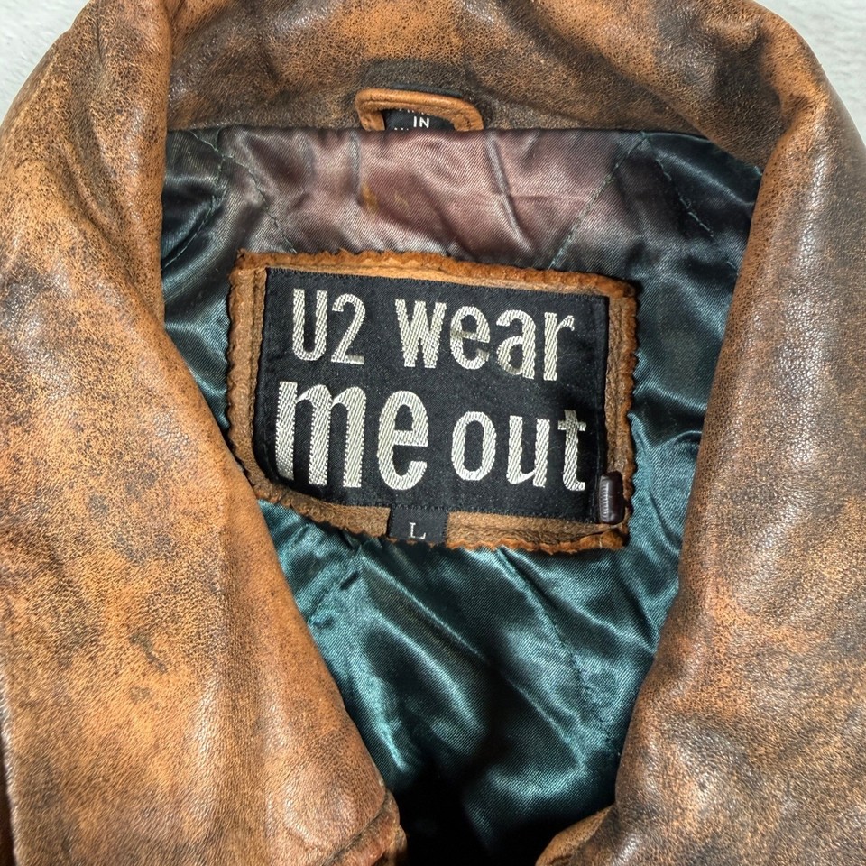 U2 Wear Me Out Mens Genuine Leather Bomber Jacket Brown L Quilted Lined ...