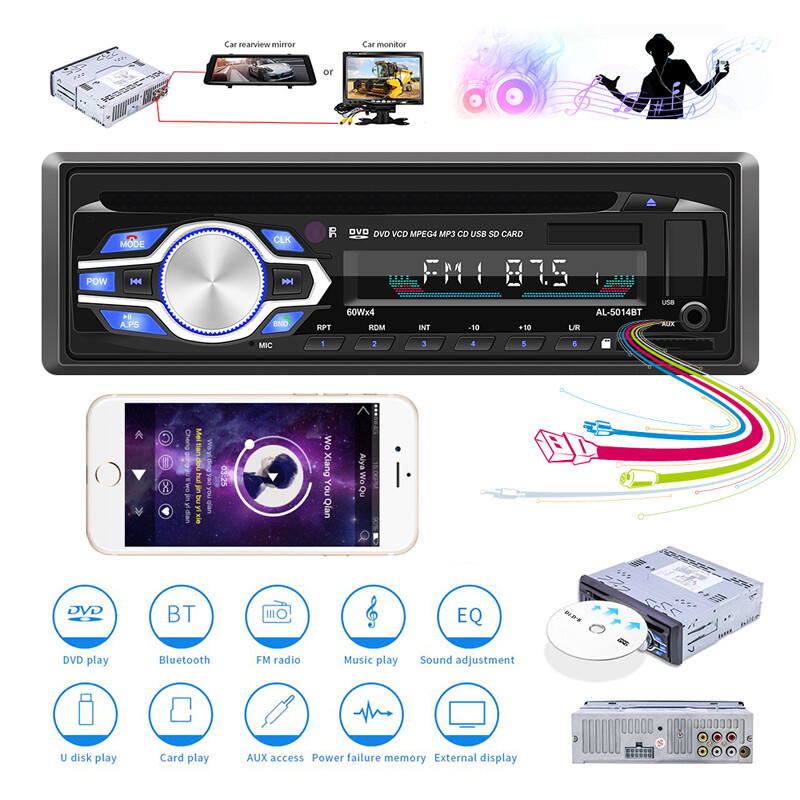 1Din 12V Car Bluetooth USB/SD card/FM/MP3/MP4/VCD/AUX Audio Radio DVD ...