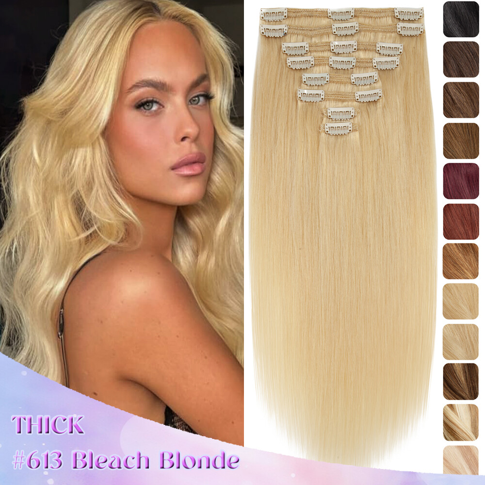 Double Weft Clip in Human Hair Extensions FULL HEAD THICK Russian Remy ...