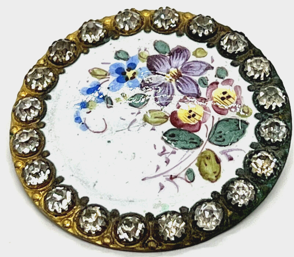 Fine Vintage Large Hand-painted Enamel Floral Button, Paste Rhinestone ...