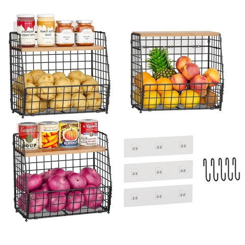 3 Pack Hanging Kitchen Baskets with Adjustable Wood Lid & S Hook- No ...