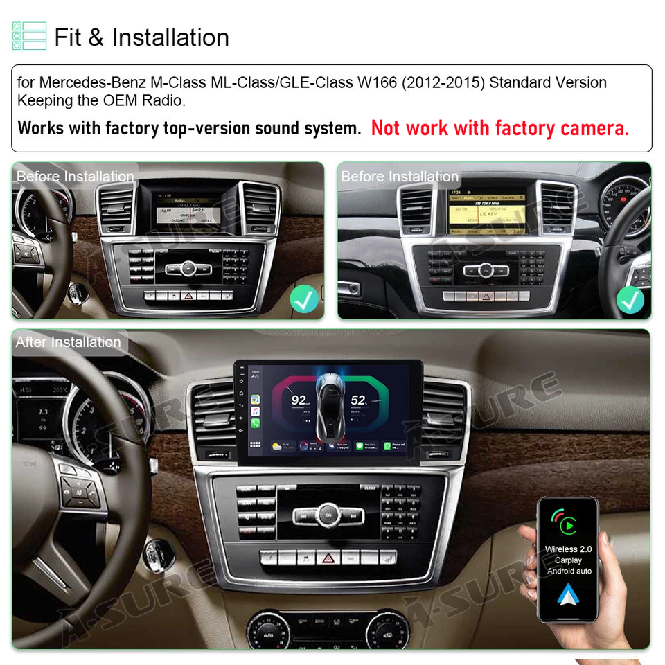 2+64G Android 14 GPS Carplay Stereo Radio For Mercedes-Benz W166 GL450 ...