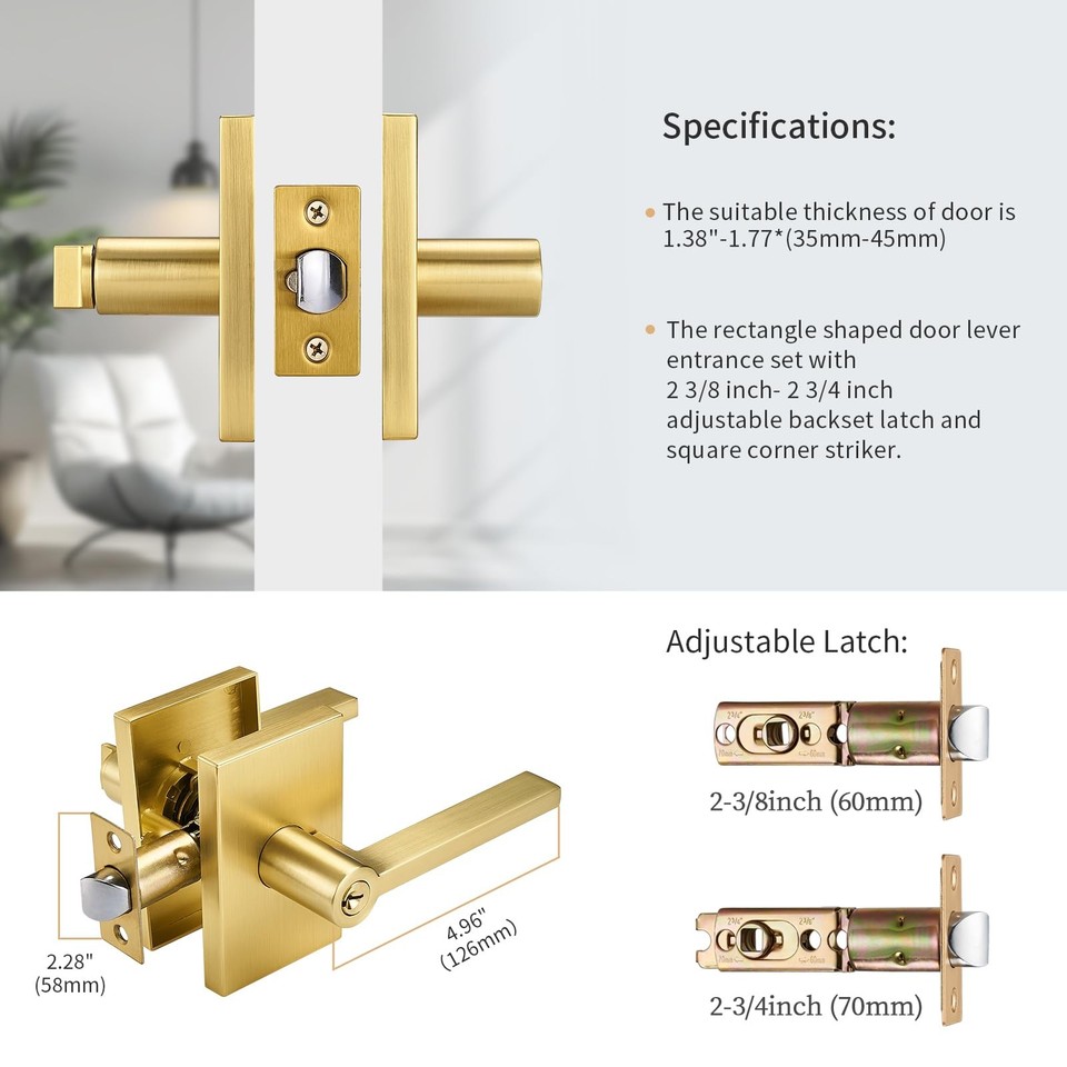 Satin Brass Entry Lever Door Handle Lock Set – Keyed Lock with 3 Keys ...