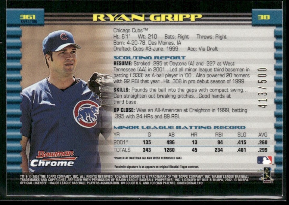 Ryan Gripp 2002 Bowman Chrome Refractors #361 #/500 - Chicago Cubs | eBay